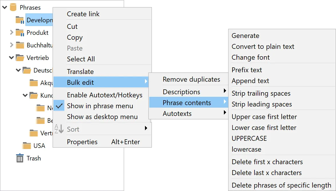 PhraseExpress - Bulk editing