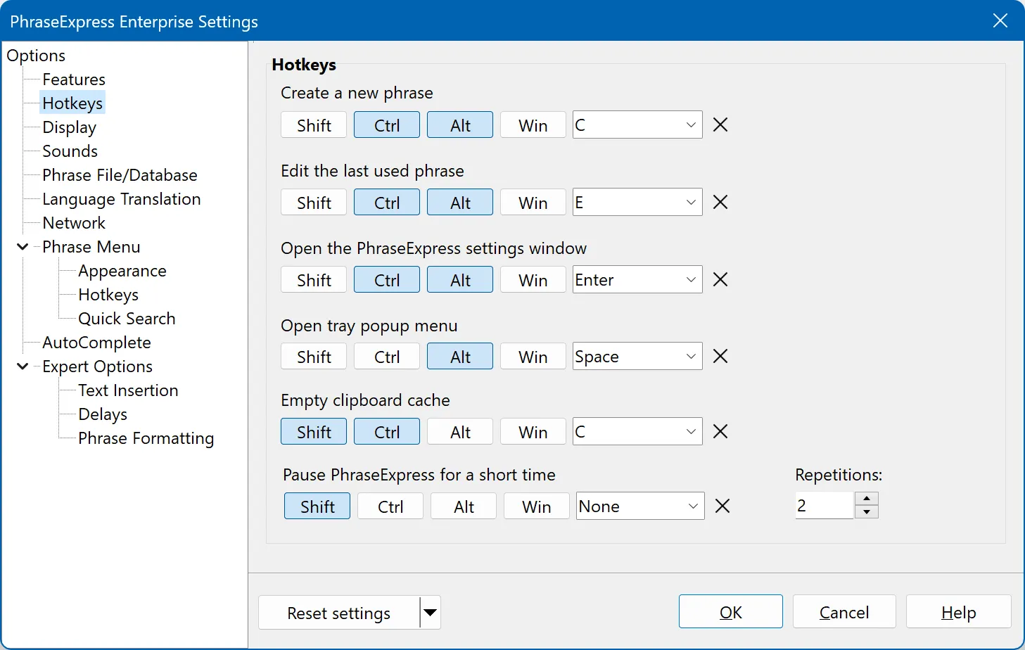PhraseExpress - Hotkeys